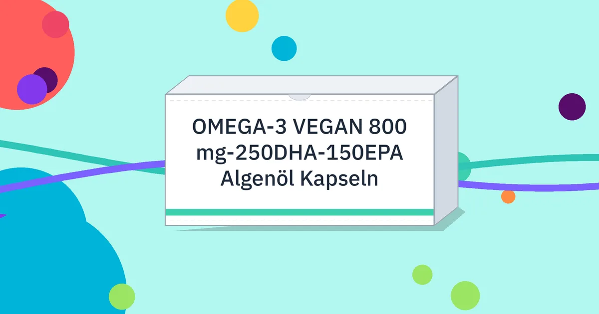 Symbolbild: Packung mit der Aufschrift OMEGA-3 VEGAN 800 mg-250DHA-150EPA Algenöl Kapseln (PZN 15375303) – Verfügbarkeit und Bezug in Apotheken in Frankfurt am Main