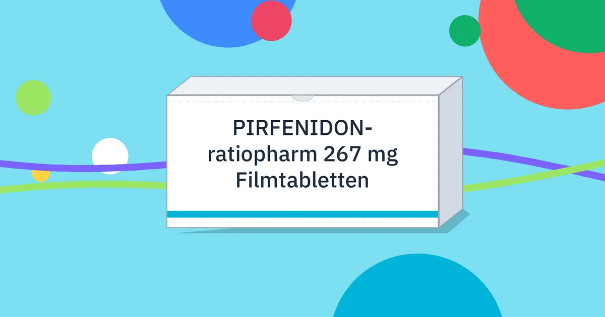 Symbolbild: Packung mit der Aufschrift PIRFENIDON-ratiopharm 267 mg Filmtabletten (PZN 18045078) – Verfügbarkeit und Bezug in Apotheken in Frankfurt am Main