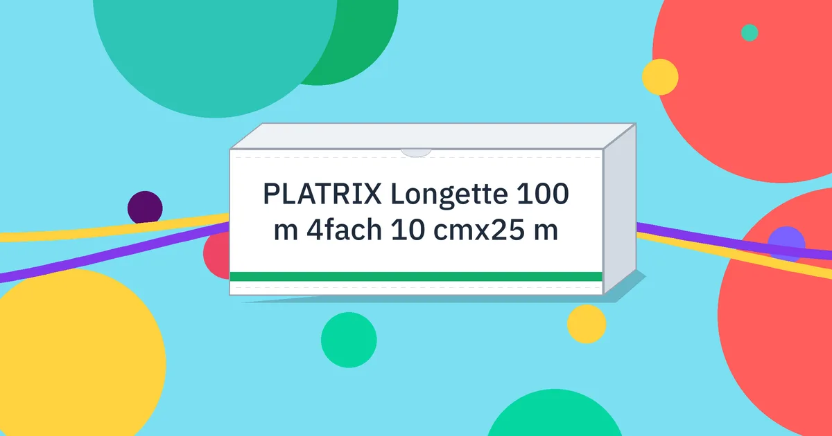 Symbolbild: Packung mit der Aufschrift PLATRIX Longette 100 m 4fach 10 cmx25 m (PZN 01939127) – Verfügbarkeit und Bezug in Apotheken in Frankfurt am Main