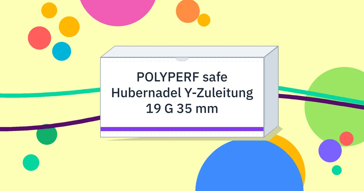 Symbolbild: Packung mit der Aufschrift POLYPERF safe Hubernadel Y-Zuleitung 19 G 35 mm (PZN 18114224) – Verfügbarkeit und Bezug in Apotheken in Frankfurt am Main