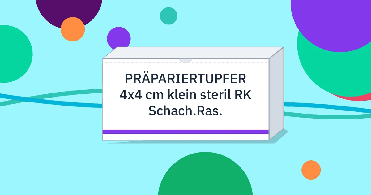 Symbolbild: Packung mit der Aufschrift PRÄPARIERTUPFER 4x4 cm klein steril RK Schach.Ras. (PZN 12408019) – Verfügbarkeit und Bezug in Apotheken in Frankfurt am Main