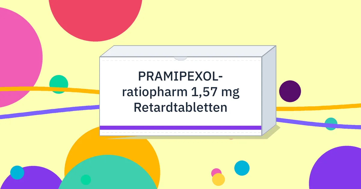 Symbolbild: Packung mit der Aufschrift PRAMIPEXOL-ratiopharm 1,57 mg Retardtabletten (PZN 10072213) – Verfügbarkeit und Bezug in Apotheken in Frankfurt am Main