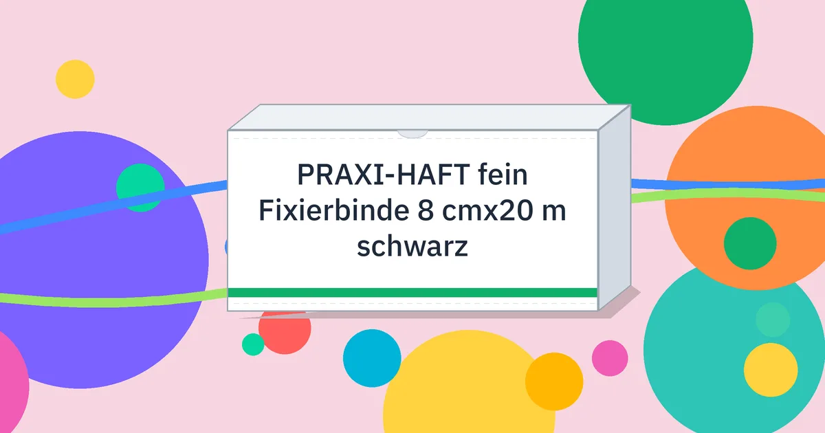 Symbolbild: Packung mit der Aufschrift PRAXI-HAFT fein Fixierbinde 8 cmx20 m schwarz (PZN 12826219) – Verfügbarkeit und Bezug in Apotheken in Frankfurt am Main