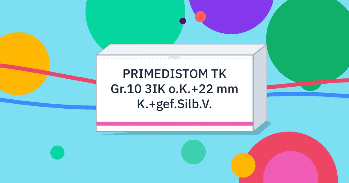 Symbolbild: Packung mit der Aufschrift PRIMEDISTOM TK Gr.10 3IK o.K.+22 mm K.+gef.Silb.V. (PZN 10262706) – Verfügbarkeit und Bezug in Apotheken in Frankfurt am Main