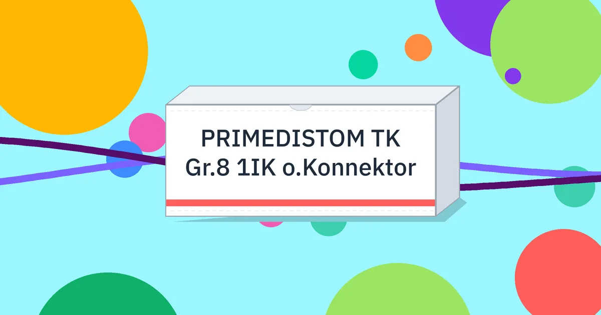Symbolbild: Packung mit der Aufschrift PRIMEDISTOM TK Gr.8 1IK o.Konnektor (PZN 10316483) – Verfügbarkeit und Bezug in Apotheken in Frankfurt am Main