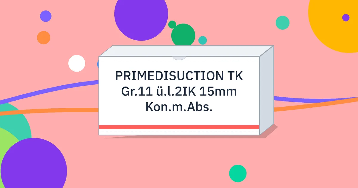 Symbolbild: Packung mit der Aufschrift PRIMEDISUCTION TK Gr.11 ü.l.2IK 15mm Kon.m.Abs. (PZN 11375938) – Verfügbarkeit und Bezug in Apotheken in Frankfurt am Main