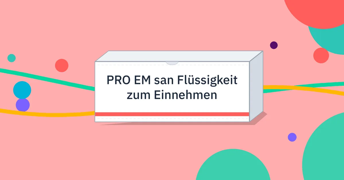 Symbolbild: Packung mit der Aufschrift PRO EM san Flüssigkeit zum Einnehmen (PZN 16047630) – Verfügbarkeit und Bezug in Apotheken in Frankfurt am Main