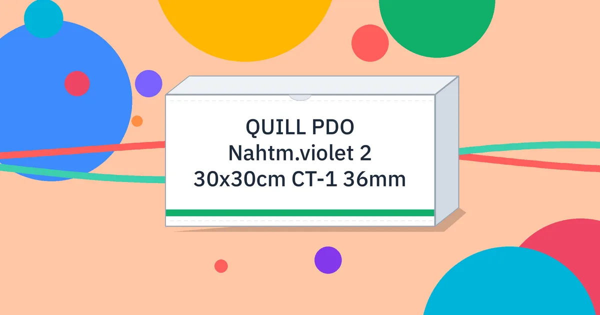 Symbolbild: Packung mit der Aufschrift QUILL PDO Nahtm.violet 2 30x30cm CT-1 36mm (PZN 17989877) – Verfügbarkeit und Bezug in Apotheken in Frankfurt am Main