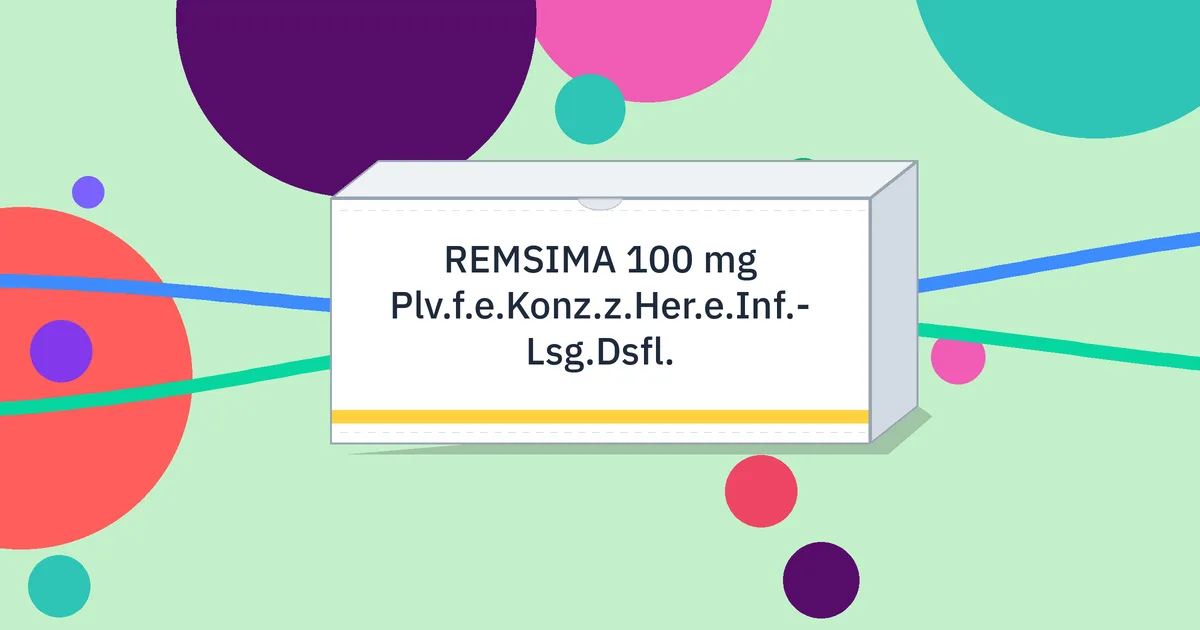 Symbolbild: Packung mit der Aufschrift REMSIMA 100 mg Plv.f.e.Konz.z.Her.e.Inf.-Lsg.Dsfl. (PZN 11155941) – Verfügbarkeit und Bezug in Apotheken in Frankfurt am Main