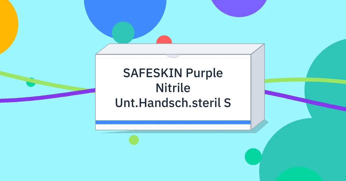 Symbolbild: Packung mit der Aufschrift SAFESKIN Purple Nitrile Unt.Handsch.steril S (PZN 02700718) – Verfügbarkeit und Bezug in Apotheken in Frankfurt am Main