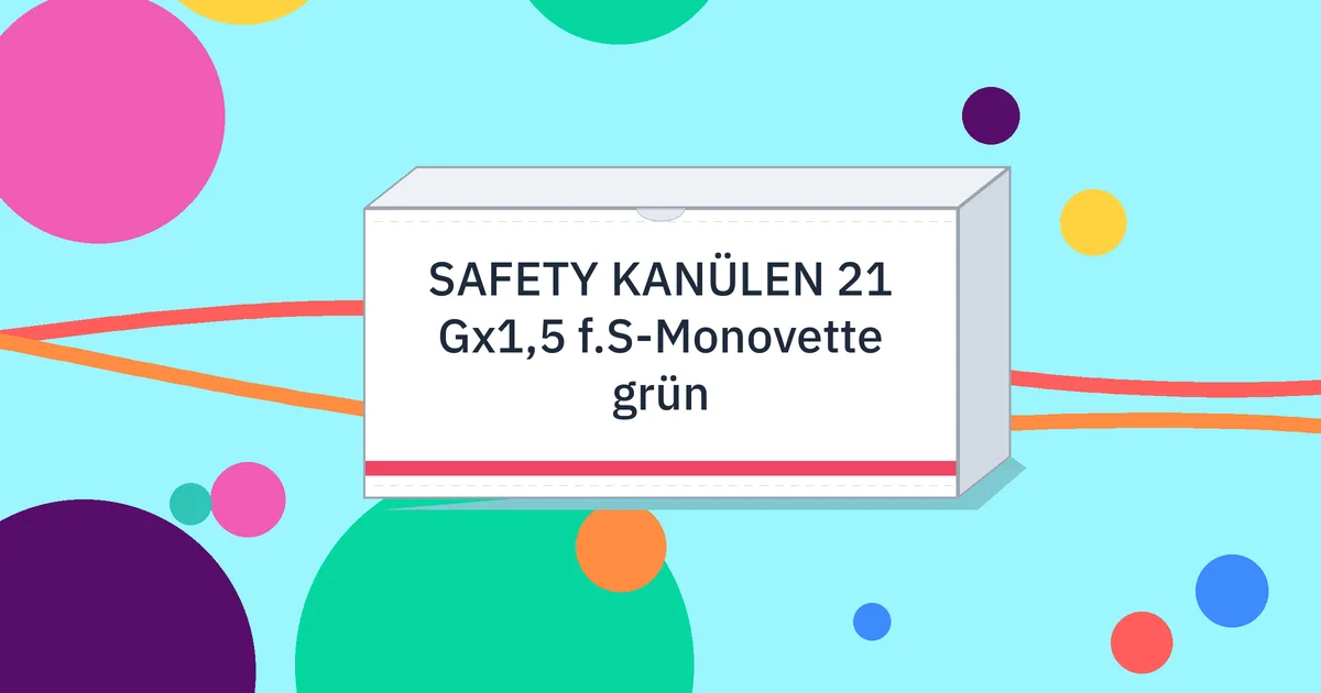 Symbolbild: Packung mit der Aufschrift SAFETY KANÜLEN 21 Gx1,5 f.S-Monovette grün (PZN 06470072) – Verfügbarkeit und Bezug in Apotheken in Frankfurt am Main