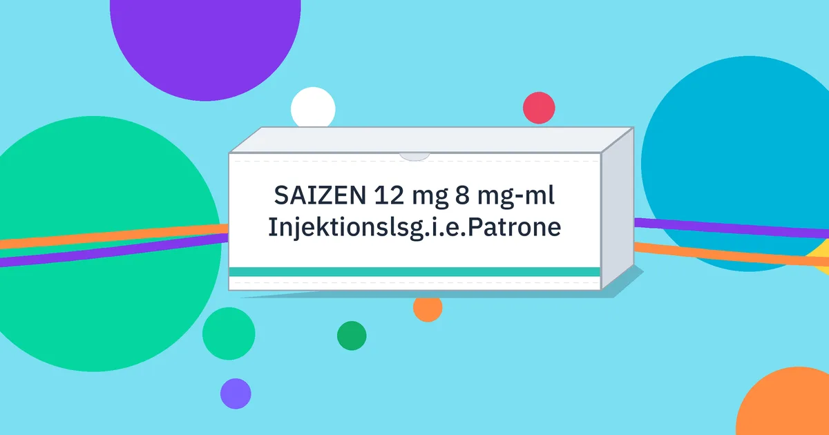 Symbolbild: Packung mit der Aufschrift SAIZEN 12 mg 8 mg-ml Injektionslsg.i.e.Patrone (PZN 16926946) – Verfügbarkeit und Bezug in Apotheken in Frankfurt am Main