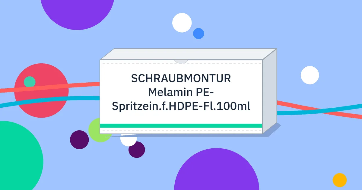 Symbolbild: Packung mit der Aufschrift SCHRAUBMONTUR Melamin PE-Spritzein.f.HDPE-Fl.100ml (PZN 18187832) – Verfügbarkeit und Bezug in Apotheken in Frankfurt am Main