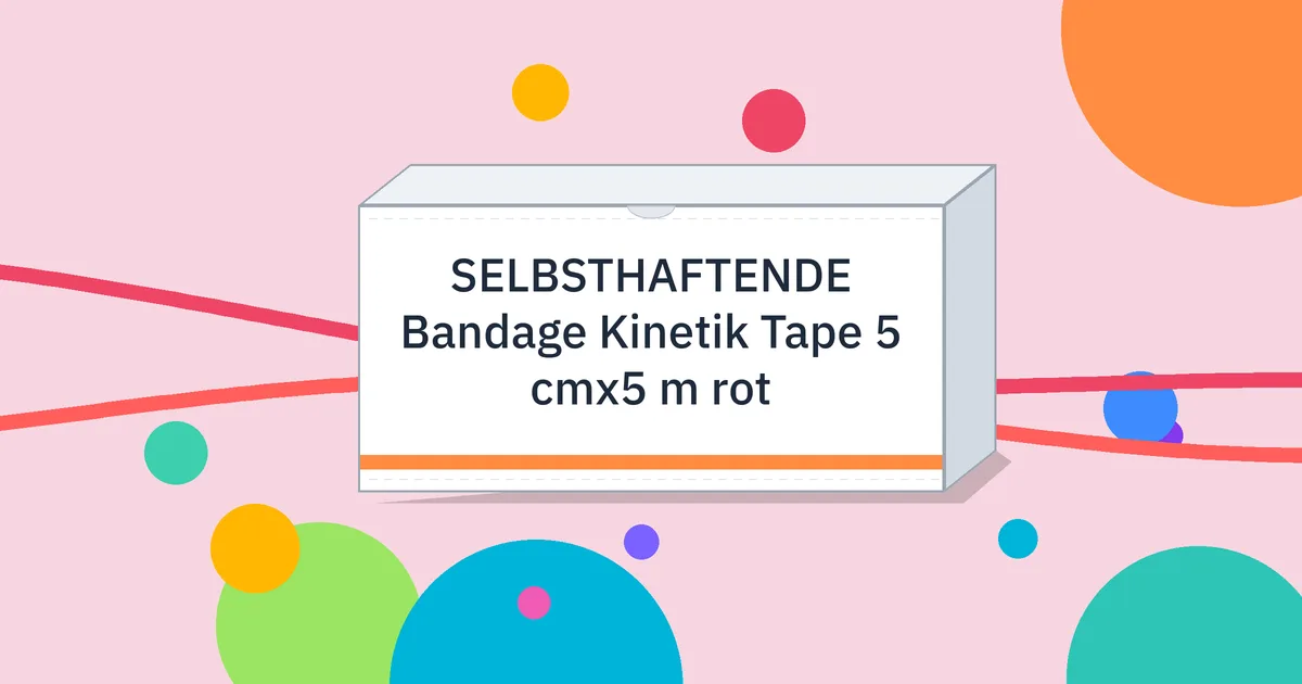 Symbolbild: Packung mit der Aufschrift SELBSTHAFTENDE Bandage Kinetik Tape 5 cmx5 m rot (PZN 16204242) – Verfügbarkeit und Bezug in Apotheken in Frankfurt am Main