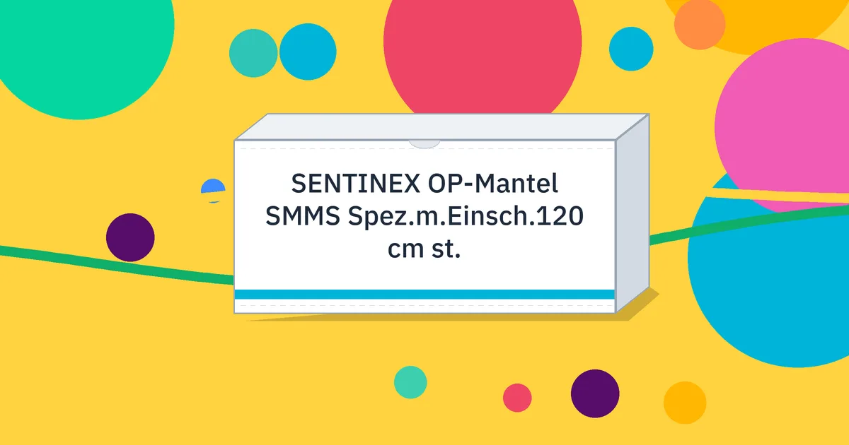 Symbolbild: Packung mit der Aufschrift SENTINEX OP-Mantel SMMS Spez.m.Einsch.120 cm st. (PZN 03163576) – Verfügbarkeit und Bezug in Apotheken in Frankfurt am Main