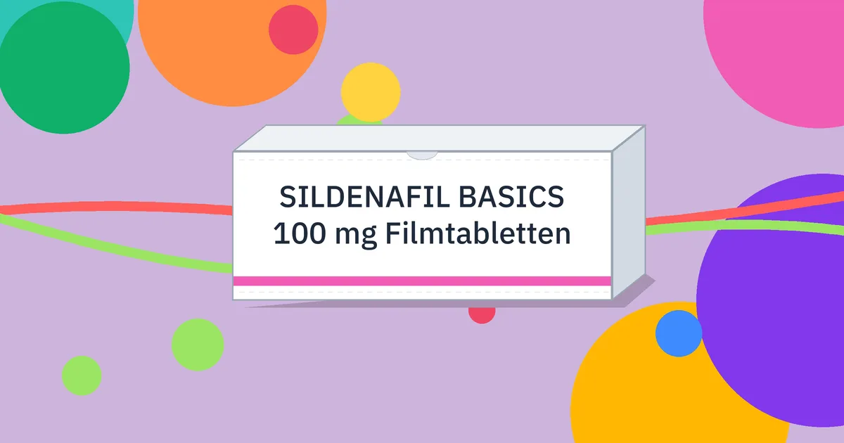 Symbolbild: Packung mit der Aufschrift SILDENAFIL BASICS 100 mg Filmtabletten (PZN 12145979) – Verfügbarkeit und Bezug in Apotheken in Frankfurt am Main