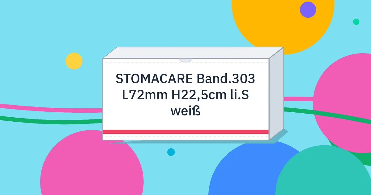 Symbolbild: Packung mit der Aufschrift STOMACARE Band.303 L72mm H22,5cm li.S weiß (PZN 09109158) – Verfügbarkeit und Bezug in Apotheken in Frankfurt am Main