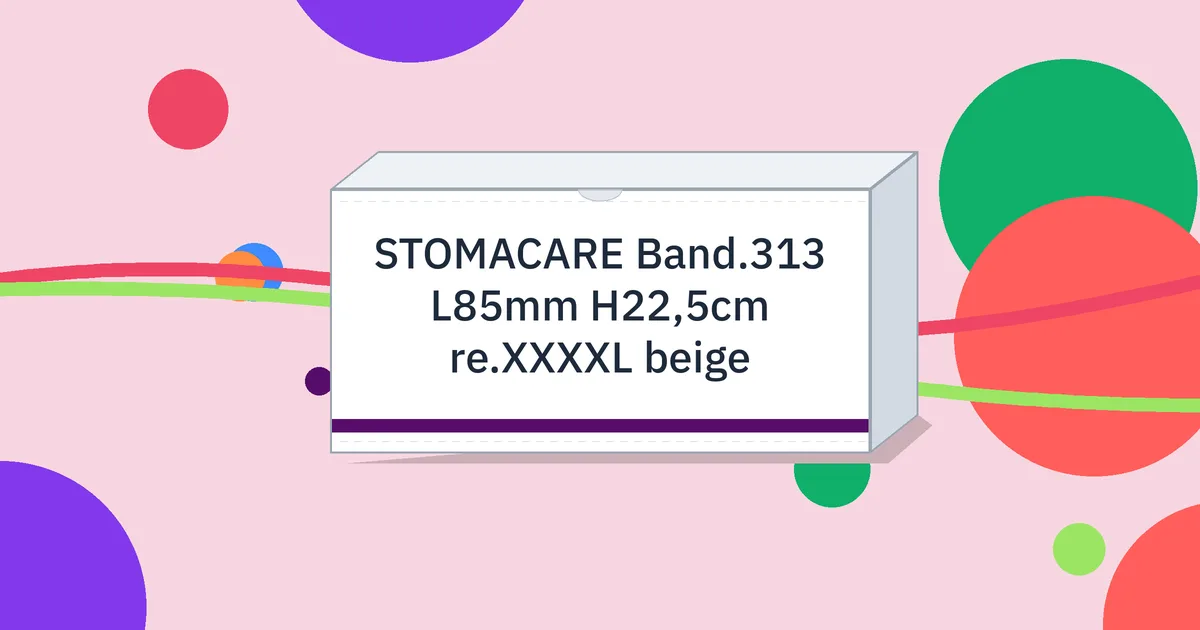 Symbolbild: Packung mit der Aufschrift STOMACARE Band.313 L85mm H22,5cm re.XXXXL beige (PZN 10840882) – Verfügbarkeit und Bezug in Apotheken in Frankfurt am Main