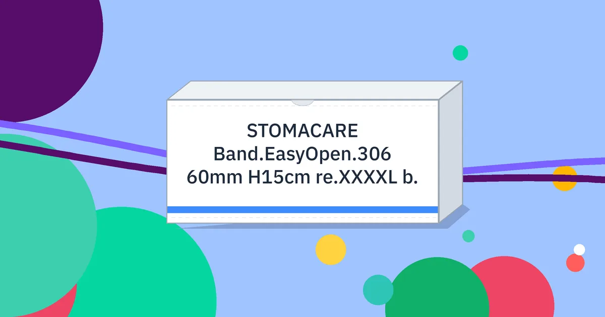 Symbolbild: Packung mit der Aufschrift STOMACARE Band.EasyOpen.306 60mm H15cm re.XXXXL b. (PZN 07665636) – Verfügbarkeit und Bezug in Apotheken in Frankfurt am Main