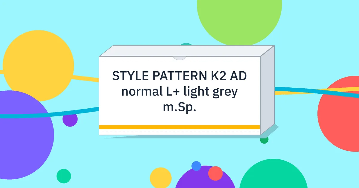 Symbolbild: Packung mit der Aufschrift STYLE PATTERN K2 AD normal L+ light grey m.Sp. (PZN 19695134) – Verfügbarkeit und Bezug in Apotheken in Frankfurt am Main