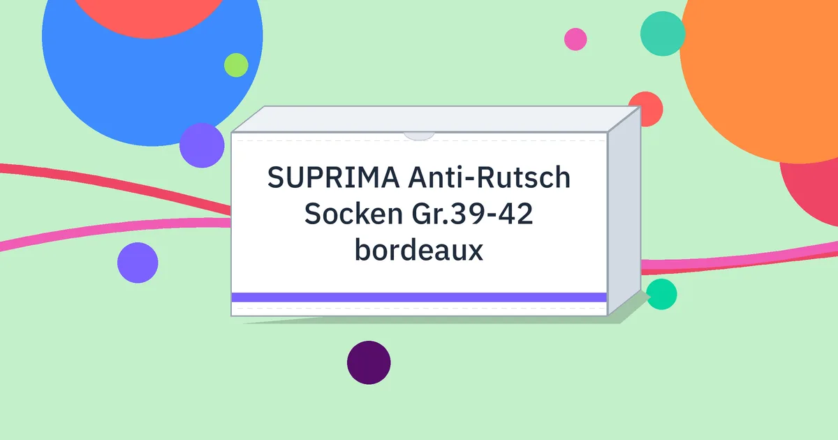 Symbolbild: Packung mit der Aufschrift SUPRIMA Anti-Rutsch Socken Gr.39-42 bordeaux (PZN 00020480) – Verfügbarkeit und Bezug in Apotheken in Frankfurt am Main