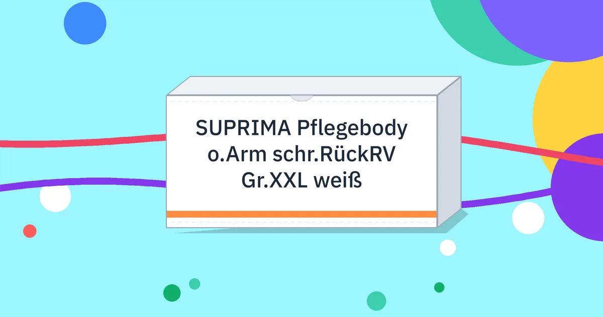 Symbolbild: Packung mit der Aufschrift SUPRIMA Pflegebody o.Arm schr.RückRV Gr.XXL weiß (PZN 10227549) – Verfügbarkeit und Bezug in Apotheken in Frankfurt am Main