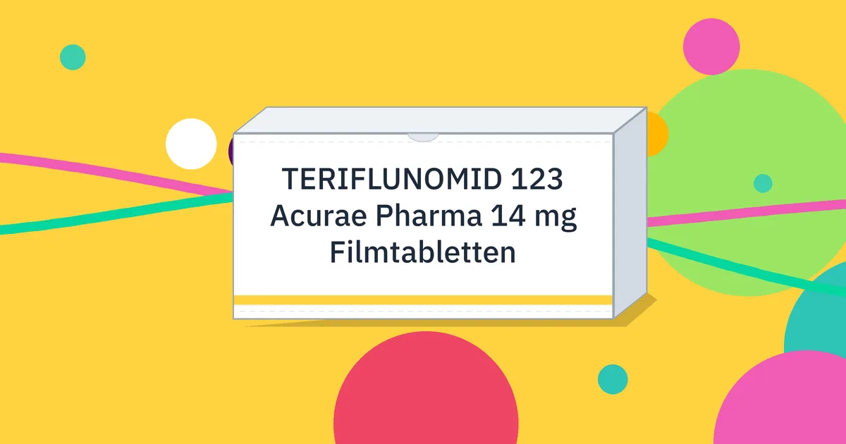 Symbolbild: Packung mit der Aufschrift TERIFLUNOMID 123 Acurae Pharma 14 mg Filmtabletten (PZN 19378907) – Verfügbarkeit und Bezug in Apotheken in Frankfurt am Main