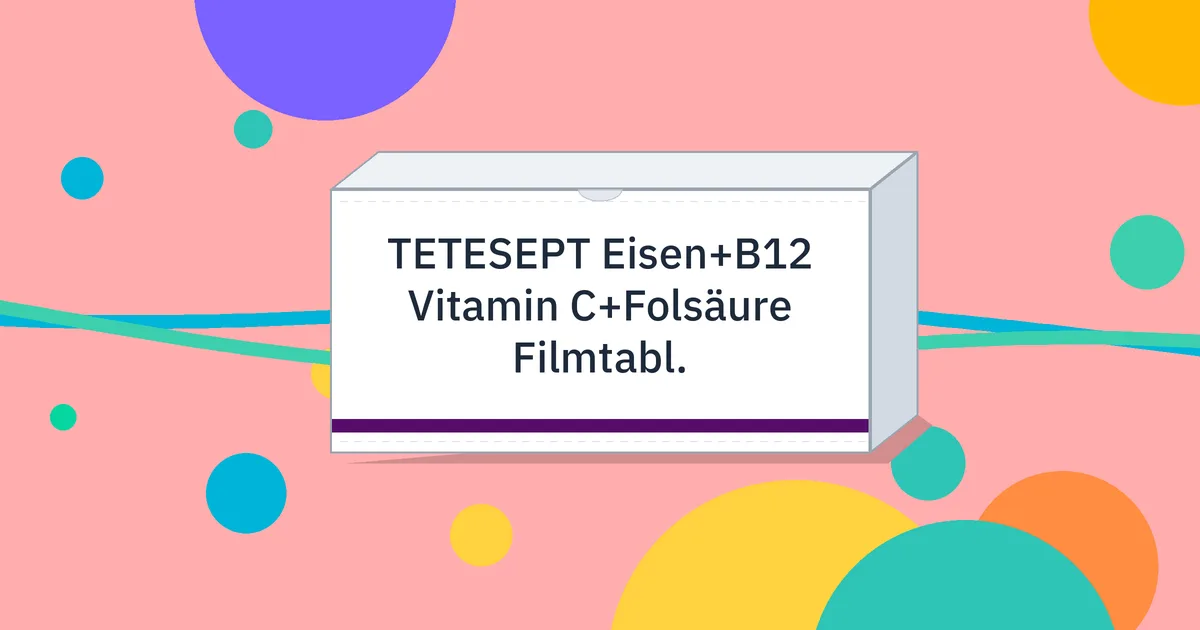 Symbolbild: Packung mit der Aufschrift TETESEPT Eisen+B12 Vitamin C+Folsäure Filmtabl. (PZN 18761739) – Verfügbarkeit und Bezug in Apotheken in Frankfurt am Main