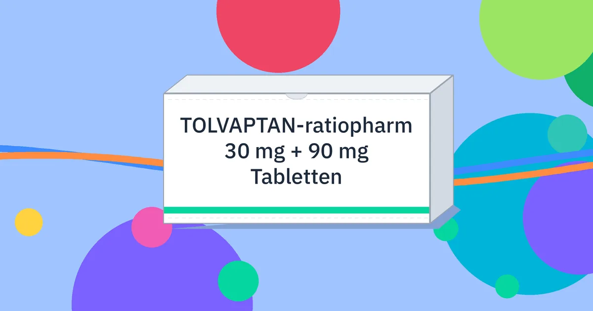 Symbolbild: Packung mit der Aufschrift TOLVAPTAN-ratiopharm 30 mg + 90 mg Tabletten (PZN 20321373) – Verfügbarkeit und Bezug in Apotheken in Frankfurt am Main