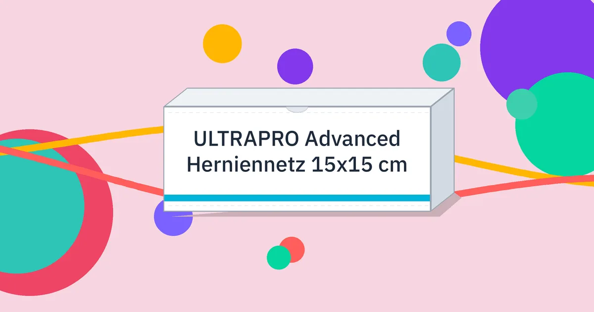 Symbolbild: Packung mit der Aufschrift ULTRAPRO Advanced Herniennetz 15x15 cm (PZN 18330778) – Verfügbarkeit und Bezug in Apotheken in Frankfurt am Main