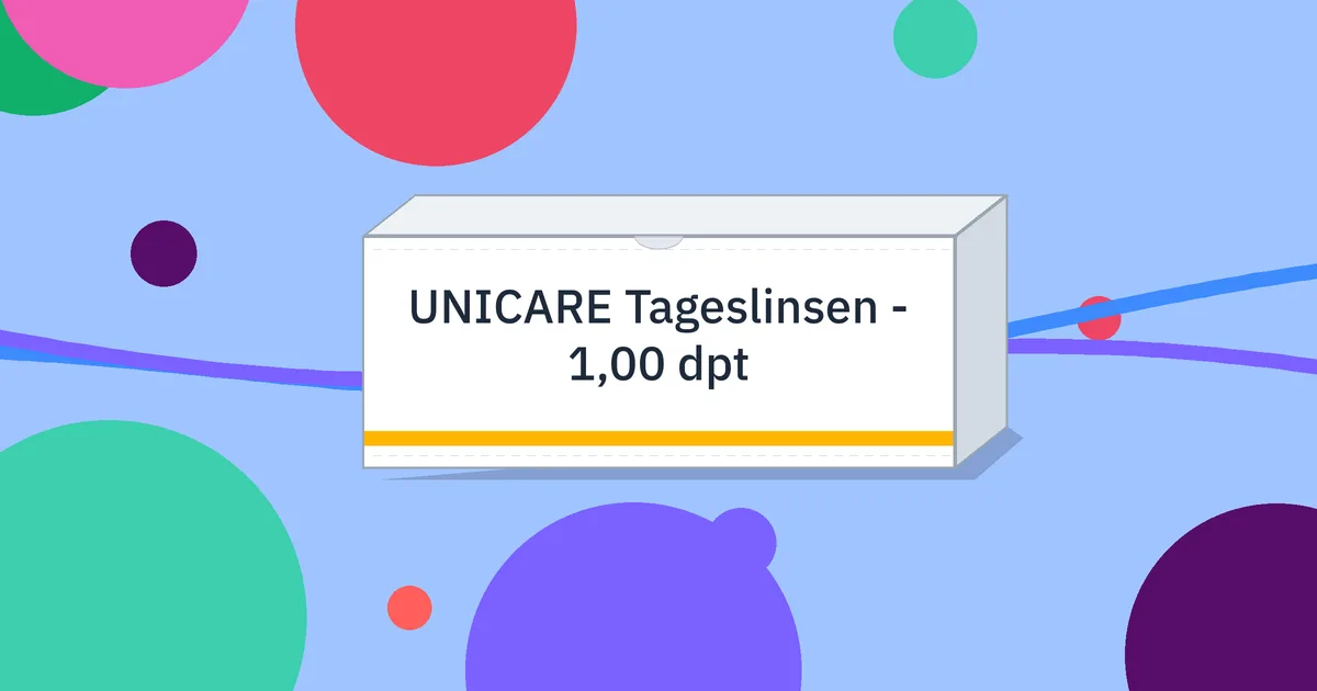 Symbolbild: Packung mit der Aufschrift UNICARE Tageslinsen -1,00 dpt (PZN 14185523) – Verfügbarkeit und Bezug in Apotheken in Frankfurt am Main