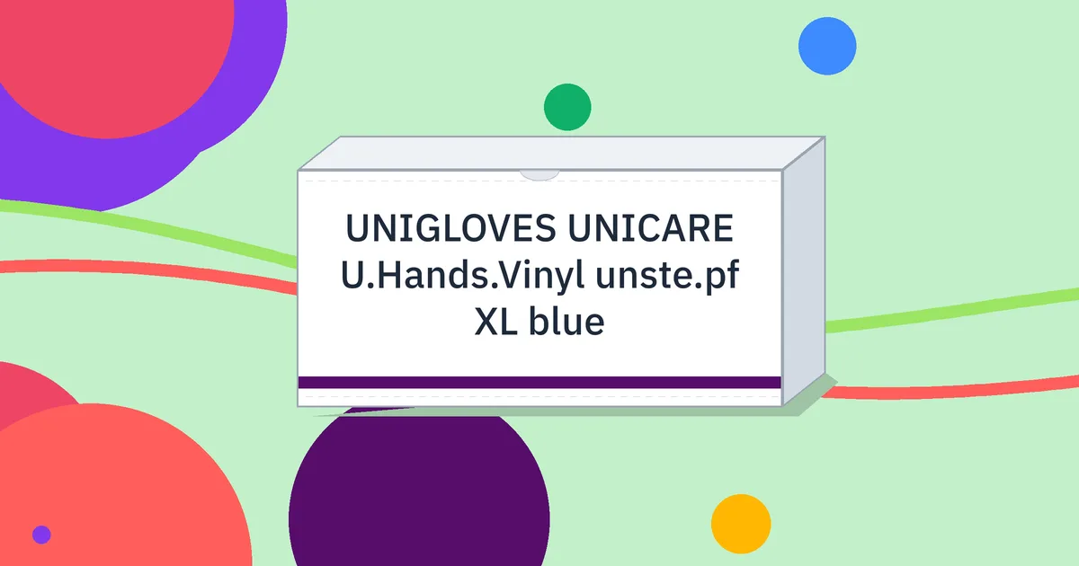 Symbolbild: Packung mit der Aufschrift UNIGLOVES UNICARE U.Hands.Vinyl unste.pf XL blue (PZN 20120114) – Verfügbarkeit und Bezug in Apotheken in Frankfurt am Main