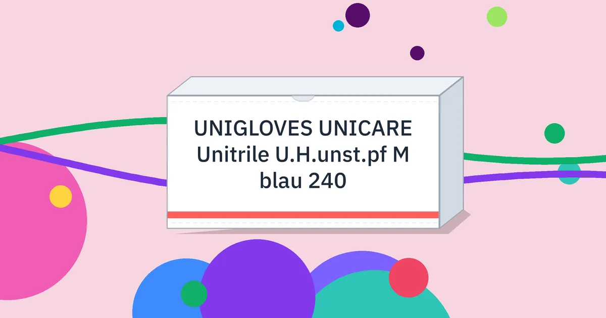 Symbolbild: Packung mit der Aufschrift UNIGLOVES UNICARE Unitrile U.H.unst.pf M blau 240 (PZN 20189206) – Verfügbarkeit und Bezug in Apotheken in Frankfurt am Main