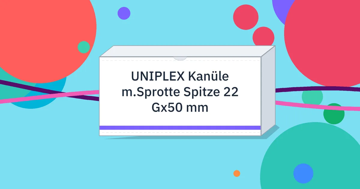 Symbolbild: Packung mit der Aufschrift UNIPLEX Kanüle m.Sprotte Spitze 22 Gx50 mm (PZN 03945126) – Verfügbarkeit und Bezug in Apotheken in Frankfurt am Main
