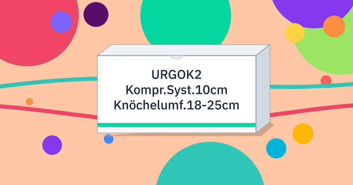 Symbolbild: Packung mit der Aufschrift URGOK2 Kompr.Syst.10cm Knöchelumf.18-25cm (PZN 20608117) – Verfügbarkeit und Bezug in Apotheken in Frankfurt am Main