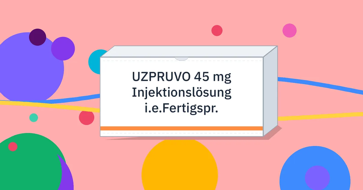 Symbolbild: Packung mit der Aufschrift UZPRUVO 45 mg Injektionslösung i.e.Fertigspr. (PZN 20400049) – Verfügbarkeit und Bezug in Apotheken in Frankfurt am Main