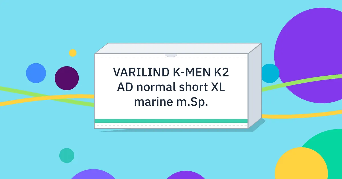 Symbolbild: Packung mit der Aufschrift VARILIND K-MEN K2 AD normal short XL marine m.Sp. (PZN 20569340) – Verfügbarkeit und Bezug in Apotheken in Frankfurt am Main