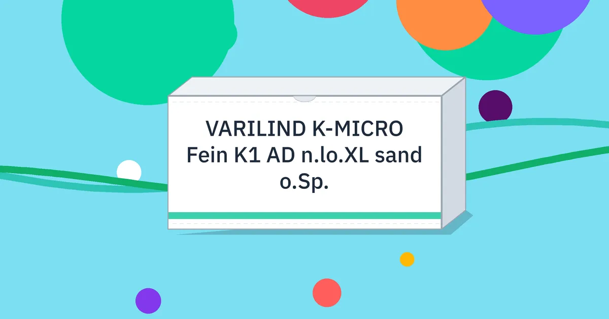 Symbolbild: Packung mit der Aufschrift VARILIND K-MICRO Fein K1 AD n.lo.XL sand o.Sp. (PZN 20557236) – Verfügbarkeit und Bezug in Apotheken in Frankfurt am Main