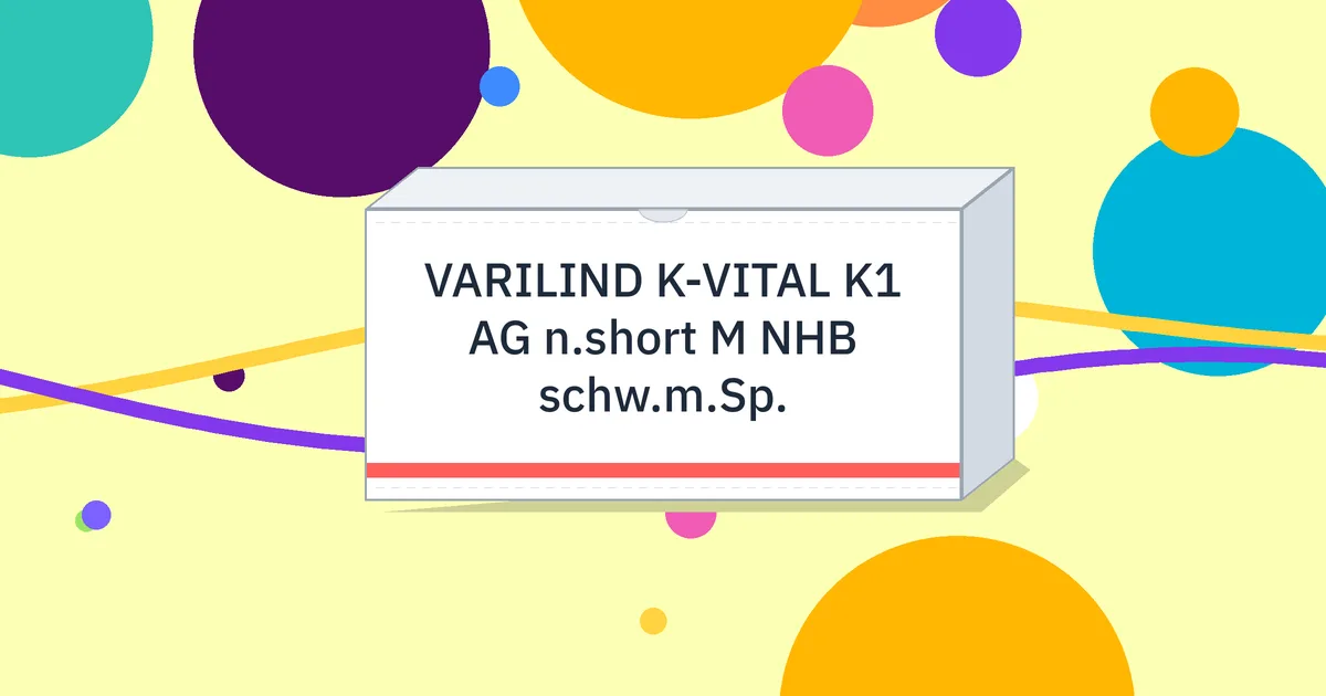 Symbolbild: Packung mit der Aufschrift VARILIND K-VITAL K1 AG n.short M NHB schw.m.Sp. (PZN 20563426) – Verfügbarkeit und Bezug in Apotheken in Frankfurt am Main