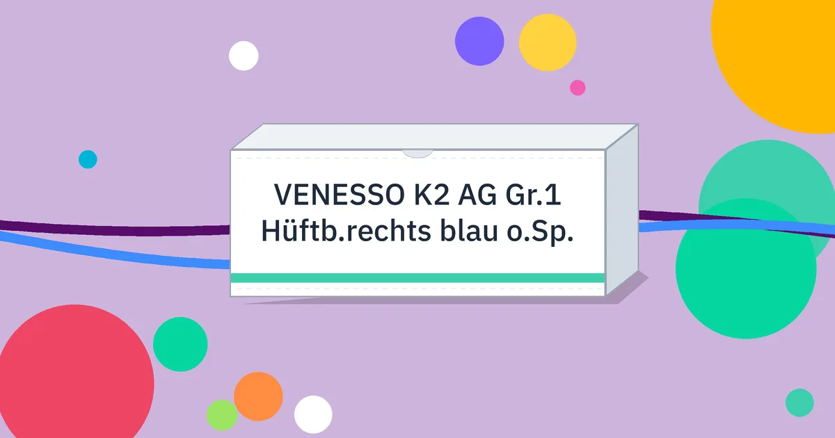Symbolbild: Packung mit der Aufschrift VENESSO K2 AG Gr.1 Hüftb.rechts blau o.Sp. (PZN 03271573) – Verfügbarkeit und Bezug in Apotheken in Frankfurt am Main