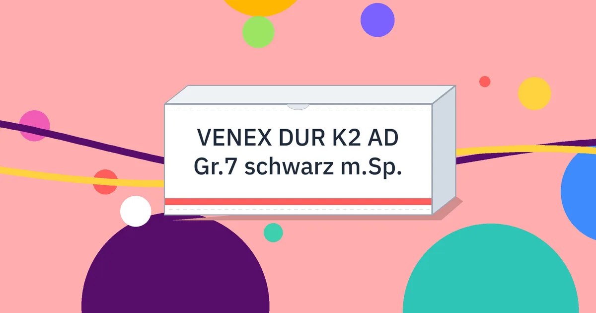 Symbolbild: Packung mit der Aufschrift VENEX DUR K2 AD Gr.7 schwarz m.Sp. (PZN 03210471) – Verfügbarkeit und Bezug in Apotheken in Frankfurt am Main