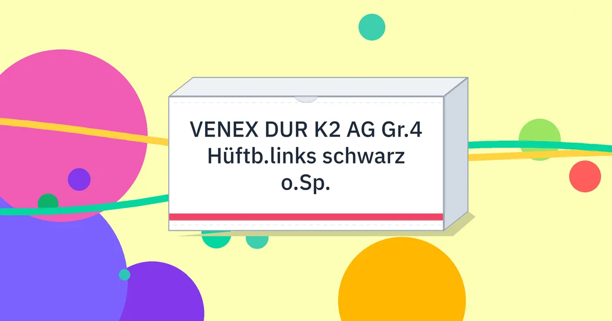 Symbolbild: Packung mit der Aufschrift VENEX DUR K2 AG Gr.4 Hüftb.links schwarz o.Sp. (PZN 03232538) – Verfügbarkeit und Bezug in Apotheken in Frankfurt am Main