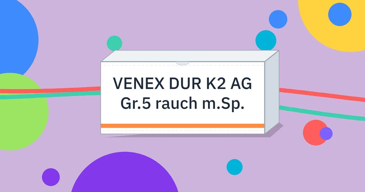 Symbolbild: Packung mit der Aufschrift VENEX DUR K2 AG Gr.5 rauch m.Sp. (PZN 03213274) – Verfügbarkeit und Bezug in Apotheken in Frankfurt am Main
