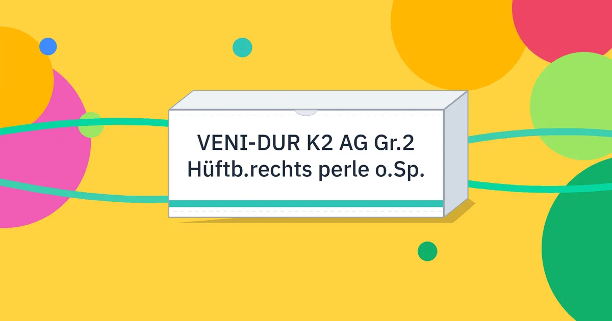 Symbolbild: Packung mit der Aufschrift VENI-DUR K2 AG Gr.2 Hüftb.rechts perle o.Sp. (PZN 03252802) – Verfügbarkeit und Bezug in Apotheken in Frankfurt am Main