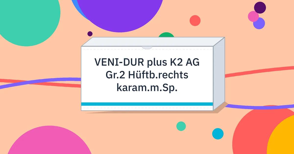 Symbolbild: Packung mit der Aufschrift VENI-DUR plus K2 AG Gr.2 Hüftb.rechts karam.m.Sp. (PZN 13760675) – Verfügbarkeit und Bezug in Apotheken in Frankfurt am Main