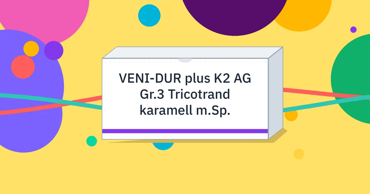 Symbolbild: Packung mit der Aufschrift VENI-DUR plus K2 AG Gr.3 Tricotrand karamell m.Sp. (PZN 13762556) – Verfügbarkeit und Bezug in Apotheken in Frankfurt am Main