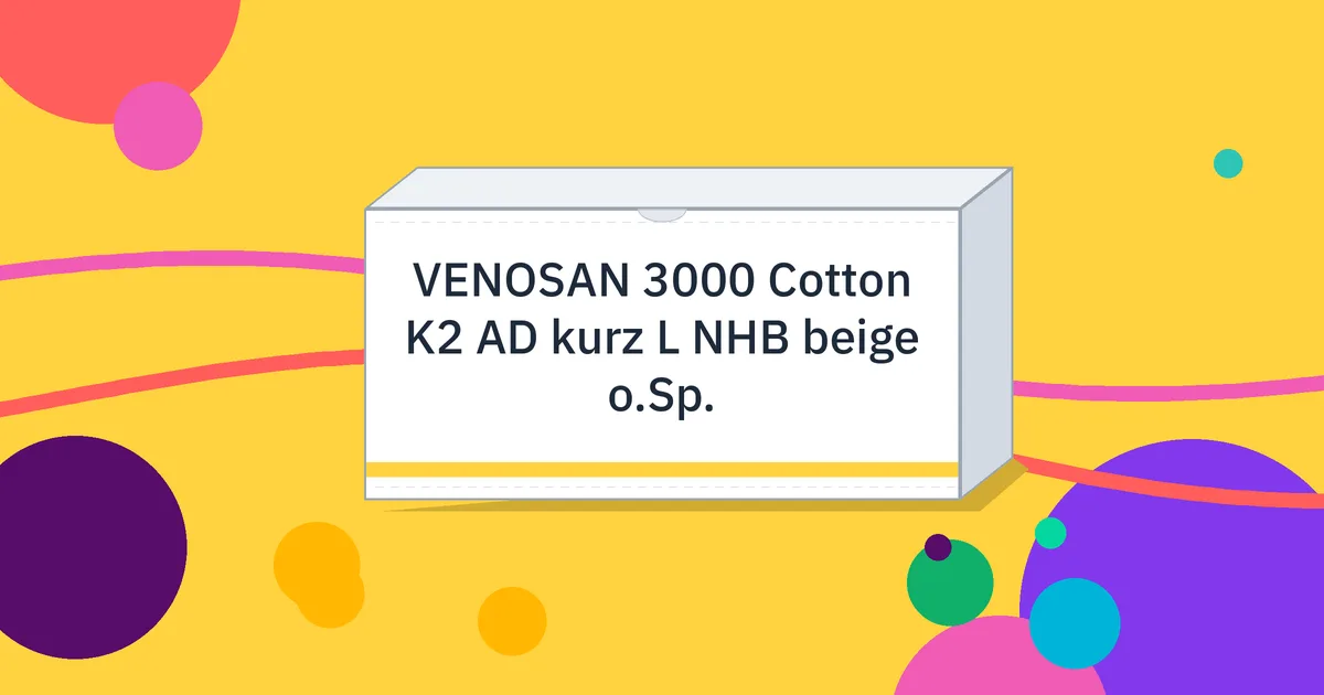 Symbolbild: Packung mit der Aufschrift VENOSAN 3000 Cotton K2 AD kurz L NHB beige o.Sp. (PZN 14421455) – Verfügbarkeit und Bezug in Apotheken in Frankfurt am Main