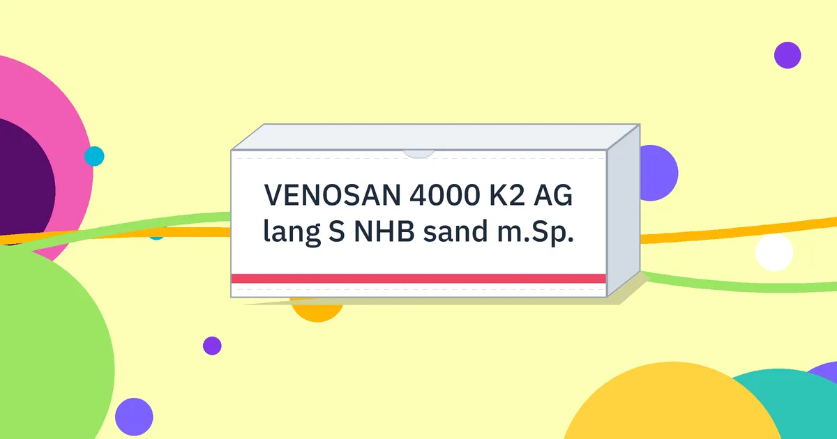 Symbolbild: Packung mit der Aufschrift VENOSAN 4000 K2 AG lang S NHB sand m.Sp. (PZN 14422710) – Verfügbarkeit und Bezug in Apotheken in Frankfurt am Main