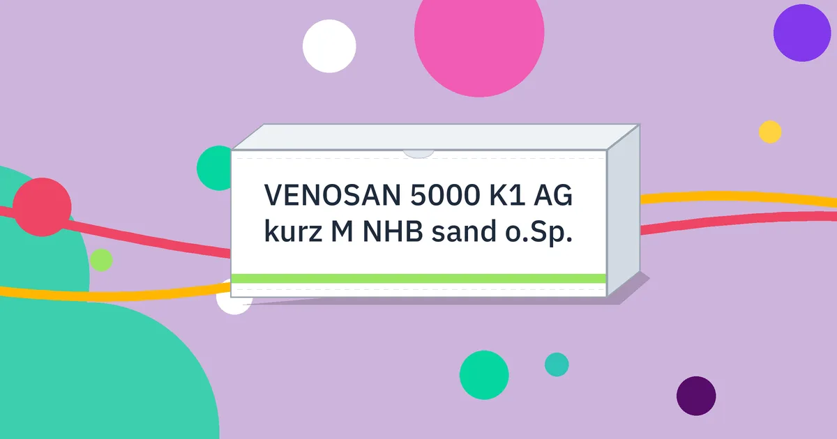 Symbolbild: Packung mit der Aufschrift VENOSAN 5000 K1 AG kurz M NHB sand o.Sp. (PZN 14428434) – Verfügbarkeit und Bezug in Apotheken in Frankfurt am Main