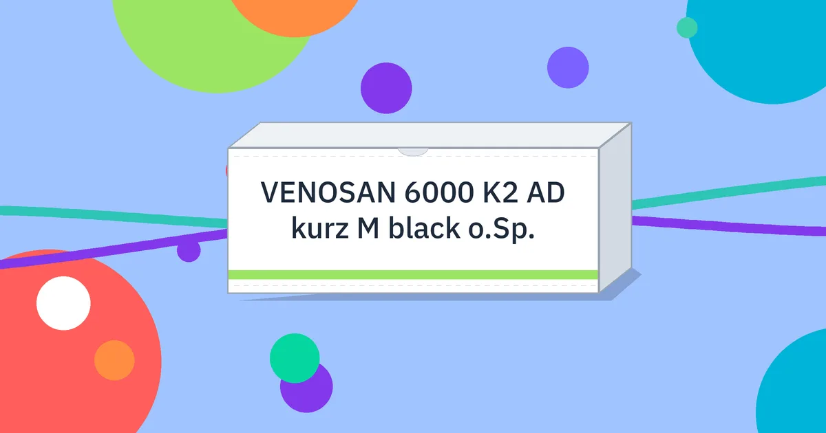 Symbolbild: Packung mit der Aufschrift VENOSAN 6000 K2 AD kurz M black o.Sp. (PZN 17172461) – Verfügbarkeit und Bezug in Apotheken in Frankfurt am Main
